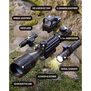 HIRAM 4-16x50 AO Rifle Scope Combo with Green Laser, Reflex Sight, and 5 Brightness Modes Flashlight