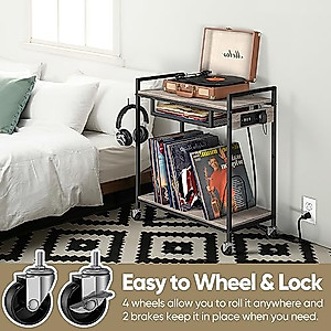 Record Player Stand, Turntable Stand with Charging Station, 3 Tier Record Player Table with 4 Quick-Release Divider, Vinyl Record Stand Storage with 4 Wheels, for Bedroom Living Room and Office, Gray