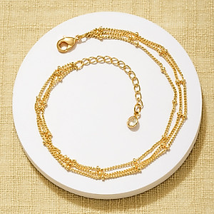 Fettero 14K Gold Bracelet for Women Gold Plated Bracelet Dainty Chain Gold Beaded Bracelet Paperclip/Curb/Figaro/Satellite Chain Adjustable Bracelet Jewelry -Satellite 3 Layer Gold