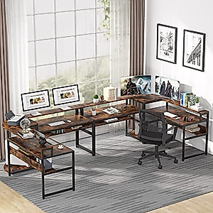 Tribesigns L-Shaped Desk with Storage Shelves, 67" Large Corner Computer Desk with Monitor Stand and Bookshelf, Rustic Study Writing Workstation with Corner Shelf for Home Office