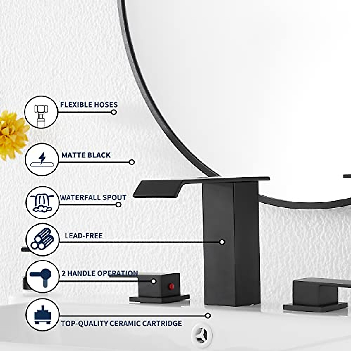 Waterfall Bathroom Faucet Matte Black Widespread GGStudy 3 Holes 2 Handle Black Modern Bathroom Sink Faucet with Pop Up Drain