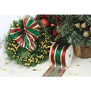 XMRIBBON Metallic Christmas Wired Ribbon Gold Red Green Striped Ribbon - 2 1/2" x 10 Meters,for Gift Wrapping, Tree Topper, Garland, Wreath