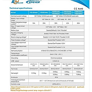 EPEVER Solar Charge Controller 60A 12V/24V/36V/48V Auto with USB Output Light and Time Control LCD Display for Solar Panel Power System (60A, VS6048AU)