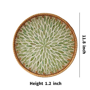Round Rattan Tray with Mother of Pearl Inlay, Rattan Serving Tray with Wooden Base, Decorative Wicker Basket for Table Decor, Storage and Display of Coffee Bread Food Fruit (Leaf)