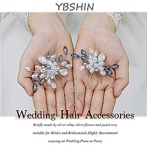 YBSHIN Bride Wedding Blue Hair Pins Silver Crystal Hair Clips Rhinestone Bridal Headpieces Beaded Hair Accessories for Women and Girls (Pack of 2)