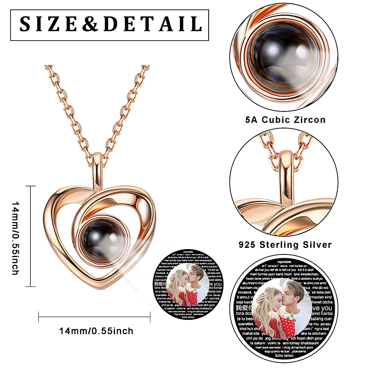 Jewenova 925 Sterling Silver Custom Photo Projective Necklace, I Love You Necklace 100 Languages Photo Necklace, Personalized Gift for Women, Rosegold