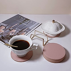 Drawwind Coaster Set of 6 with Metal Holder, Leather Coasters for Drinks with Cork Base, Pink Coaster for Coffee Table, House Warming Gift for New Home Decor