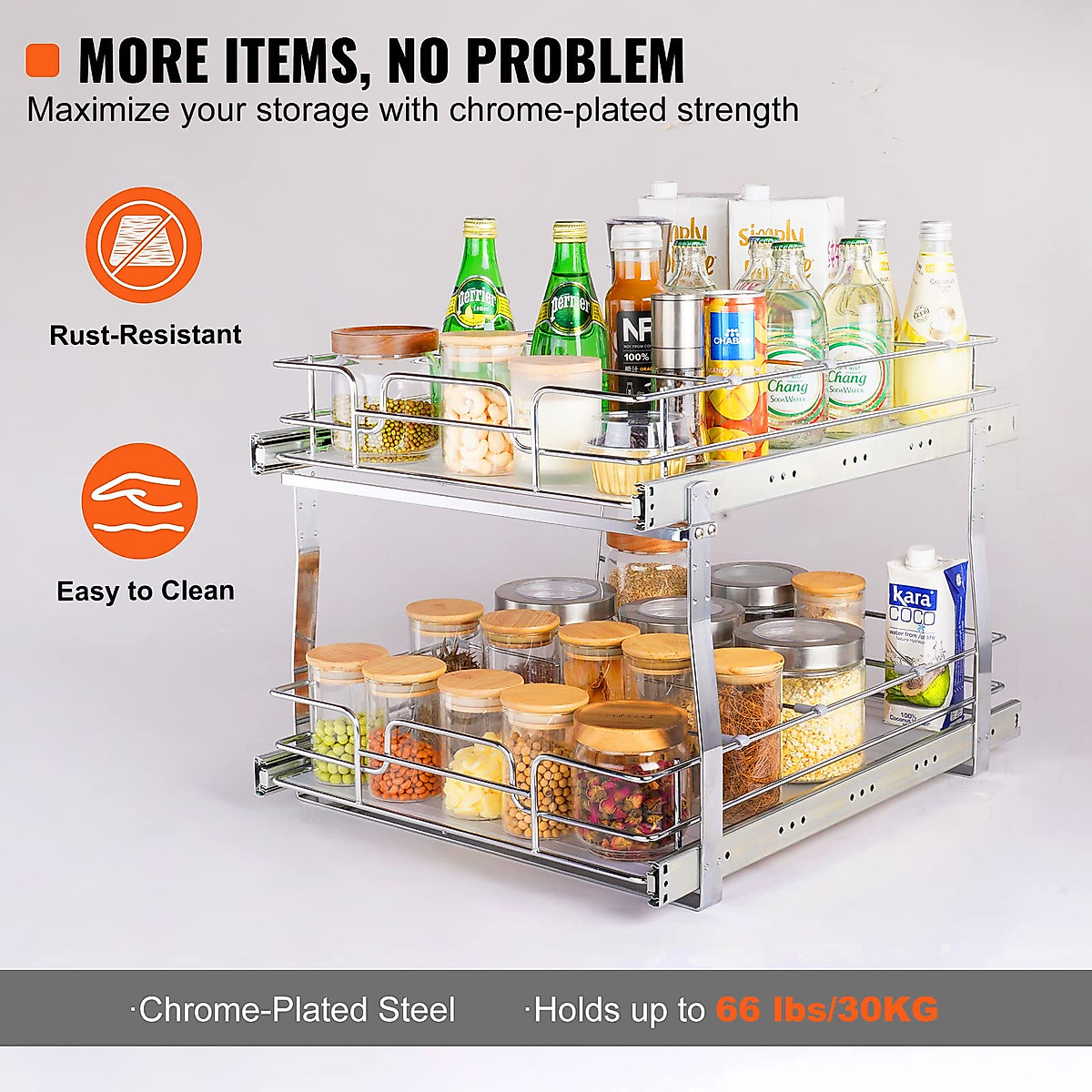 VEVOR 2 Tier 16"W x 21"D Pull Out Cabinet Organizer, Heavy Duty Slide Out Pantry Shelves, Chrome-Plated Steel Roll Out Drawers, Sliding Drawer Storage for Inside Kitchen Cabinet, Bathroom, Under Sink
