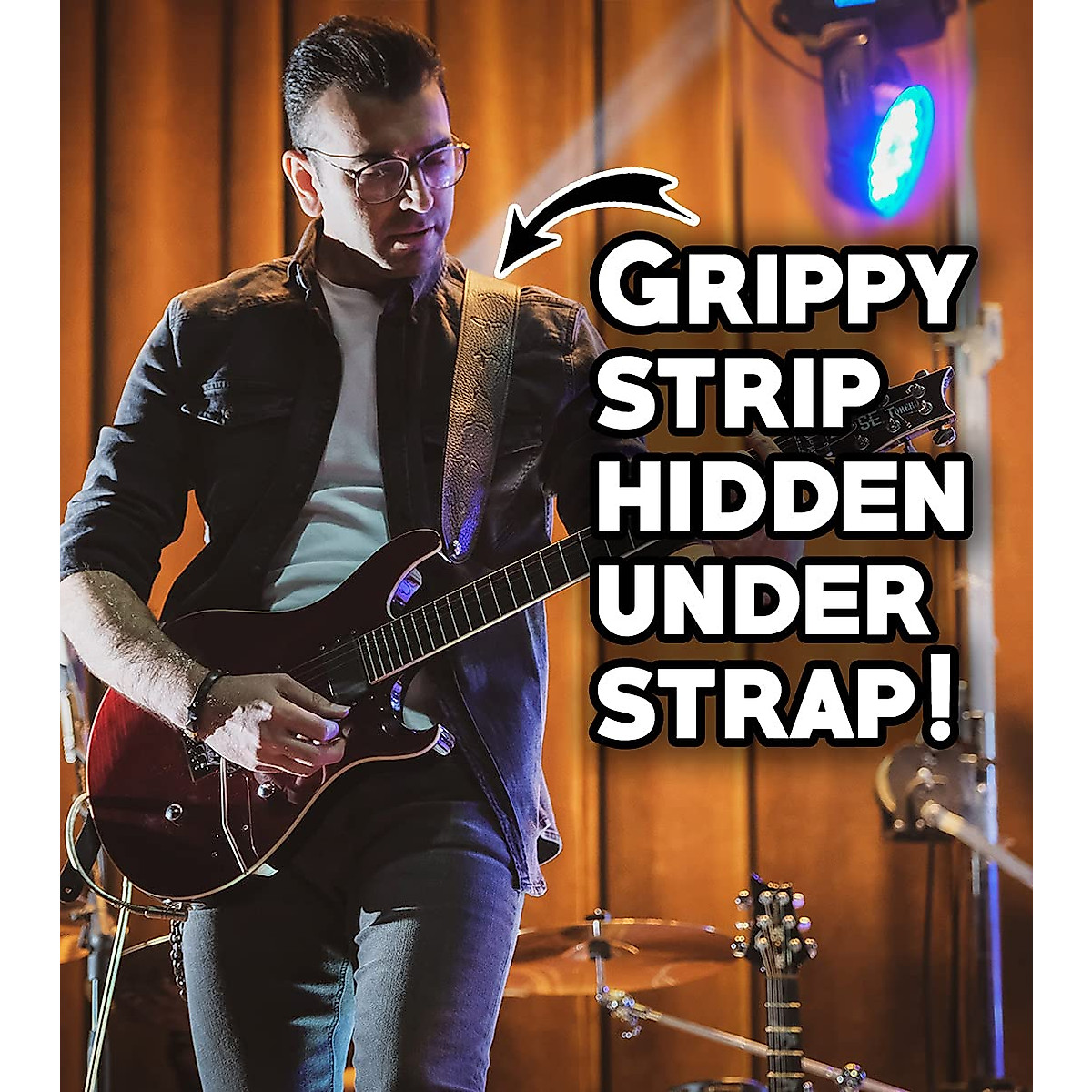 Guitar Gummy™ The ORIGINAL Guitar Strap Non Slip Grip Strip Pad; Prevent Neck Dive - SET of 4 PIECES; Large Black (Black)