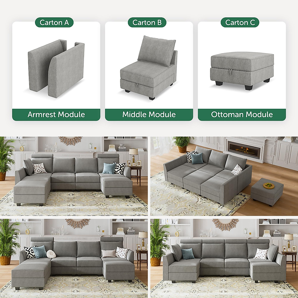 HONBAY Modular Sectional Sofa U-Shaped Sectional Couch with Storage Seats, Convertible Sectional Couch Modular Sofa, Grey