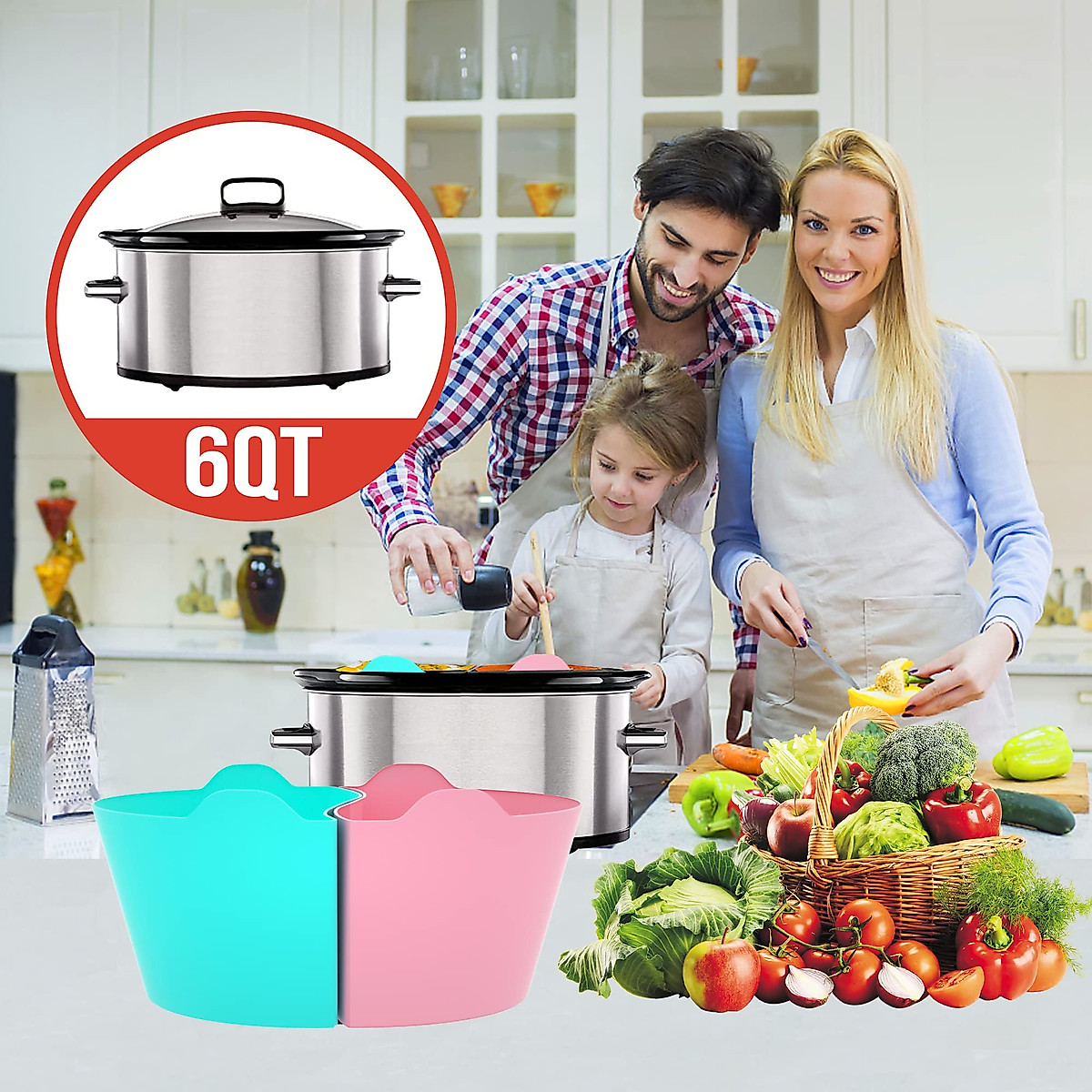 Slow Cook Divider Silicone Liners, 6 Qt Crockpot and Slow Cook Compatible, Cook Two Dishes At Once - Easy Cleanup Dishwasher, BPA Free 6 Quart Fit with Crock Pot Black Liners Pink+Blue