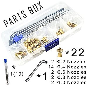 XIFOWE Nozzles 22 pcs 3D Printer Brass Nozzles for V5-V6 3D Printer, 0.2mm, 0.4mm, 0.6mm, 0.8mm, 1.0mm, with DIY Tools and A Ten-Grid Parts Box, Compatible with I3 A8 MK3/MK3S Clone