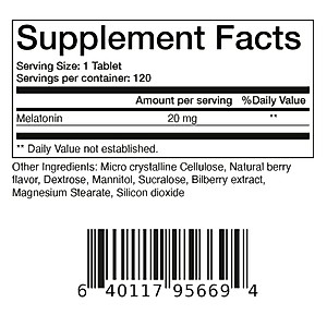 Melatonin 20mg Fast-Dissolve 120 Tablets - Natural Berry Flavor, Non-Habit Forming - Fall Asleep Faster, Stay Asleep Longer, Natural Sleep Aid - Non-GMO, Gluten-Free, Vegan Tablets by Balance Breens