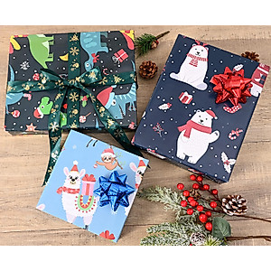 U'COVER Christmas Wrapping Paper for Kids Boys Girls 6 Large Sheet Gift Wrapping Paper for Women Men Christmas Dinosaur,Bear,Llama Sloth Xmas Holiday New Year Wrap Paper Folded Flat 27 * 37inch