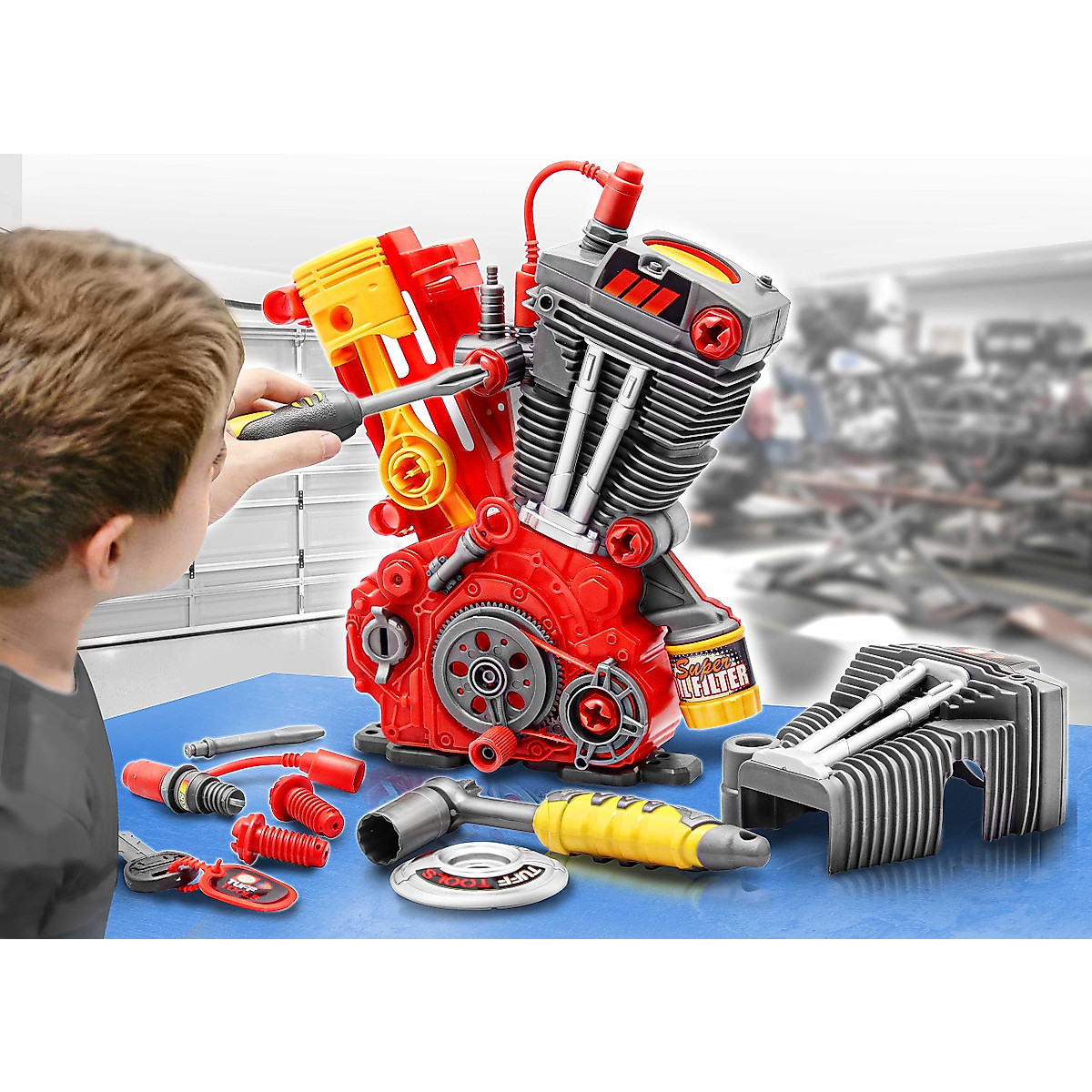 Lanard Tuff Tools: Engine Overhaul - 25 pc Playset, Lights & Sounds, Motorcycle Engine Building Set, Realistic Mechanic Toy, Kids Ages 3+