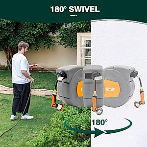 Retractable Garden Hose Reel Wall Mount, Nichro 1/2"×100ft Automatic Garden Hose Reel with Cover, 10 Pattern Hose Nozzle, Auto Rewind/Any Length Lock/Optional Installation Modes