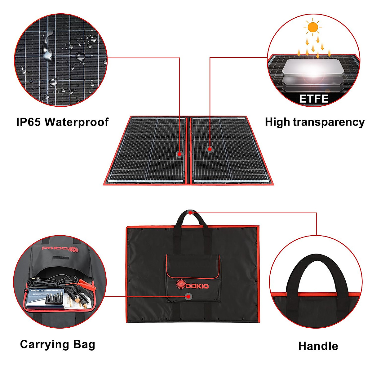 DOKIO 110w 18v Portable Foldable Solar Panel Kit (21x28inch, 5.9lb),Solar Controller 2 USB Output to Charge 12v Batteries/Power Station (AGM, Lifepo4) Rv Camping Trailer Emergency Power