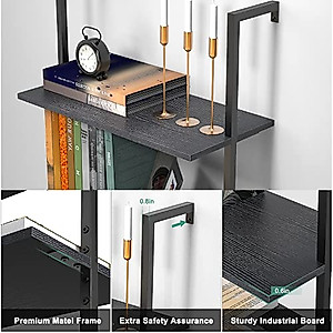 UVII Ladder Shelf Bookshelf, 5-Tier Industrial Bookshelf with Metal Frame and Wood Board, Wall Mounted Bookcase Open Shelf Organizer for Home Office, Bedroom and Living Room, Black Walnut