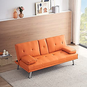 Foldable Futon Sofa Loveseat Convertible Sleeper Couch Bed for Small Space Apartment Office Living Room Furniture Sets with 2 Cup Holders, Tufted Back & Seat Orange PU Leather 67" W