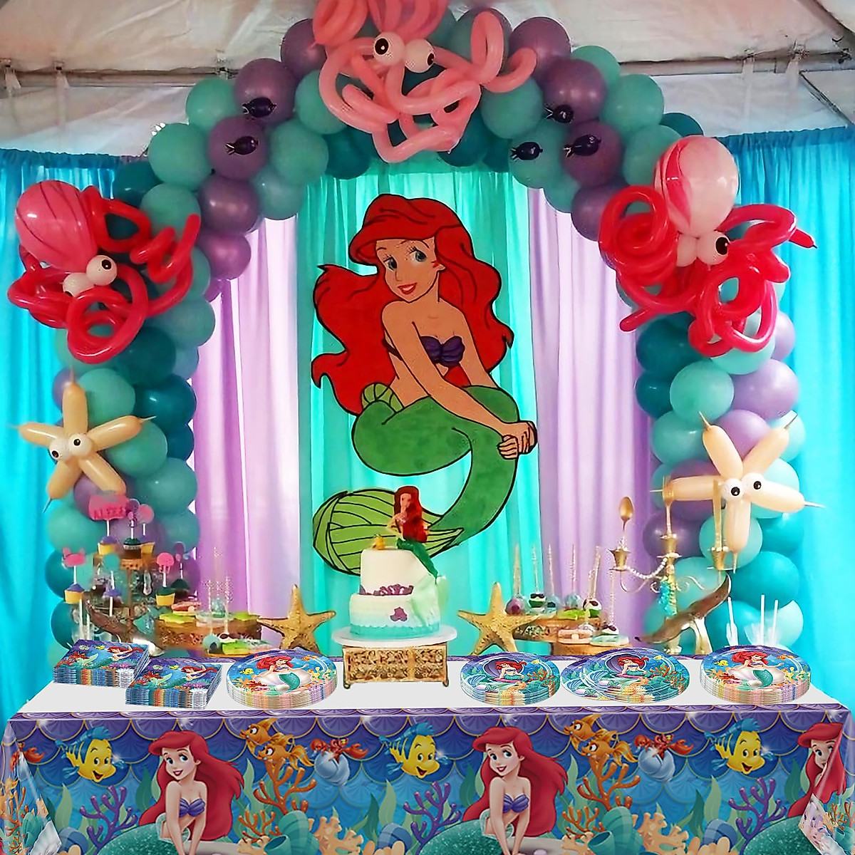 61 PCS PCS Mermaid Birthday Party Supplies, Princess Ariel Tableware Set Includes 40 PCS Plates, 20 PCS Napkins, 1 Tablecloth, for Boys Girls Birthday Party Baby Shower Decorations