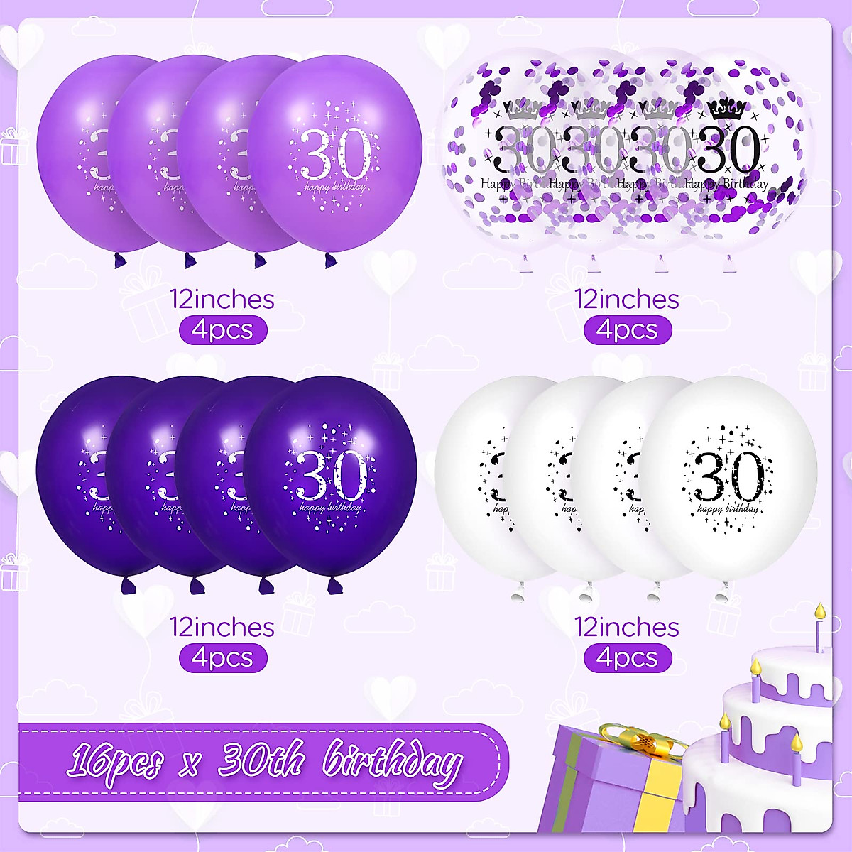 30th Purple Birthday Balloons Decorations, 16 PCS Purple White Happy 30th Birthday Confetti Latex Balloons for Women Men Happy Birthday Party Wedding Anniversary Indoor Outdoor Party Supplies,12 Inch