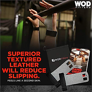 WODFitters Textured Leather Hand Grips for Cross Training, Kettlebells, Powerlifting, Chin Ups, Pull Ups, WODs & Gymnastics - with Grips Storage Pouch (Black, Small - Fits up to 4")
