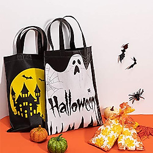 Whaline 12 Pack Halloween Trick or Treat Bags Non-Woven Tote Gift Bag Skull Pumpkin Web Spider Witch Candy Bags Reusable Goodie Treat Bag with Handle for Halloween Party Favors, 12 x 15"