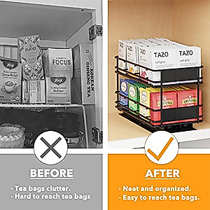 SpaceAid Pull Out Tea Bag Organizer Rack for Cabinet, Heavy Duty Slide Out Teabag Organizer for Kitchen Cabinets, with 70 Labels and Chalk Marker, 5.6"W x10.6"D x 6.6"H, 1 Drawer 2-Tier, Black