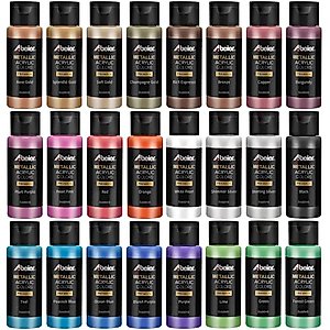 Metallic Acrylic Paint, Abeier Set of 24 Metallic Colors in 2oz/60ml Bottle, Rich Pigments, Non Fading, Non Toxic Paints for Artist, Beginners & Kids Painting on Rocks Crafts Canvas Wood, Fabric&Stone