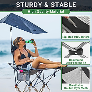 #WEJOY 2-in-1 Reclining Camping Chair with Removable Umbrella Lightweight Folding Camping Chair with Adjustable Backrest & Footrest Portable Patio Lounge Chair with Headrest, Cup Holder for Outdoor
