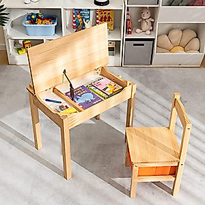 Costzon Kids Table and Chair Set, Flip Top Toddler Study Desk w/Chair for Playroom & Nursery, Wood Activity Table Set w/Storage Space, Safety Hinge, Pull-Out Drawer & Hook for Arts, Crafts (Natural)