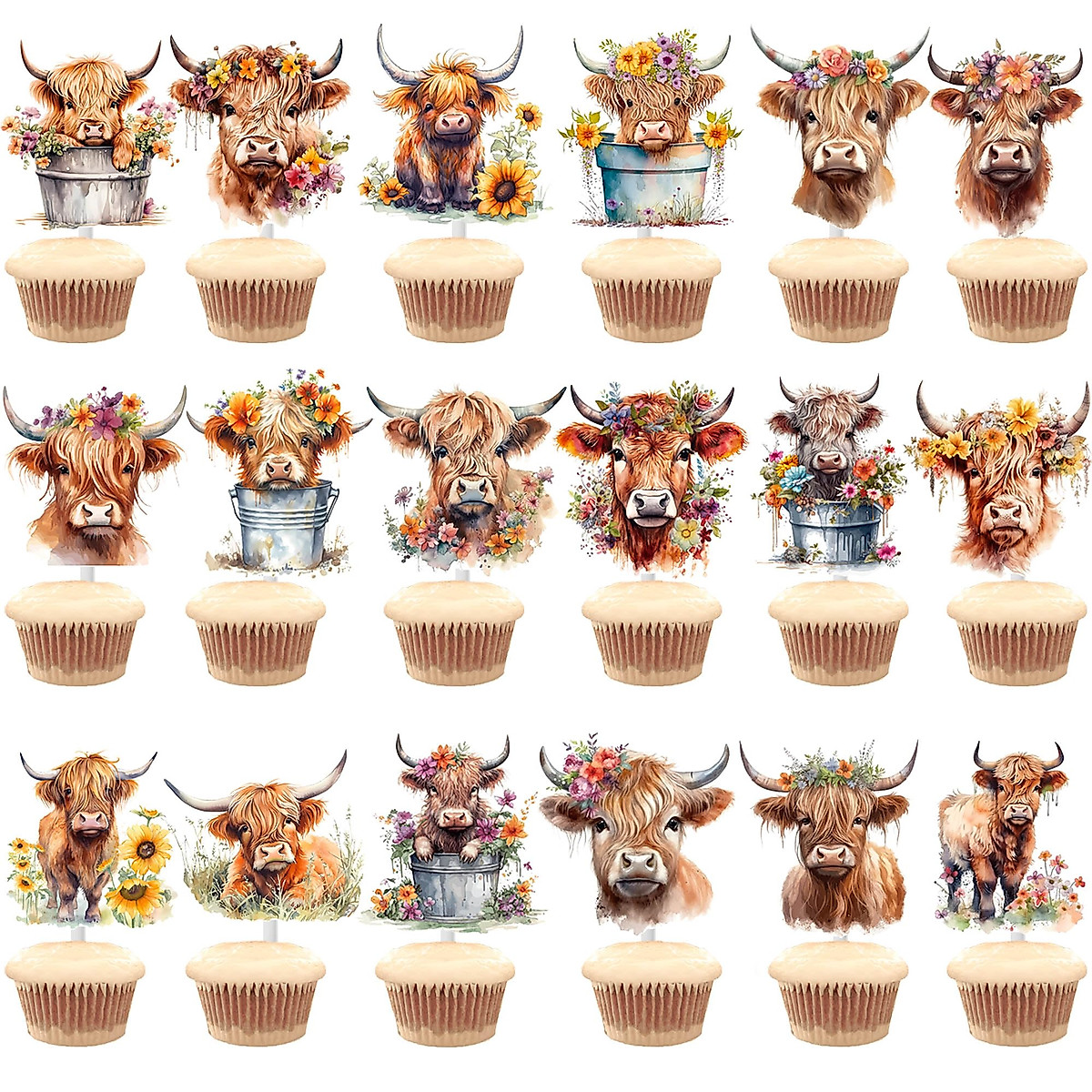 36Pcs Highland Cow Cupcake Toppers Highland Cow Birthday Decorations Highland Cow Party Supplies Highland Cow Cattle Cake Decorations for Farm Animal Birthday Party Baby Shower Supplies
