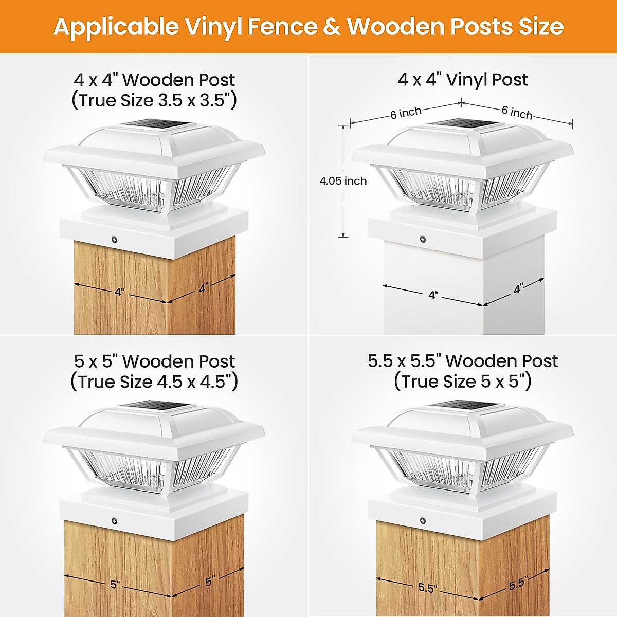 ELECLINK Solar Post Cap Lights 6 Pack, Warm White Solar Outdoor Post Lights, Waterproof Fence Post Cap Lights Solar Powered Fit 3.5x3.5 4x4 4.5x4.5 5x5 5.5x5.5 Post for Garden Fence Deck Yard