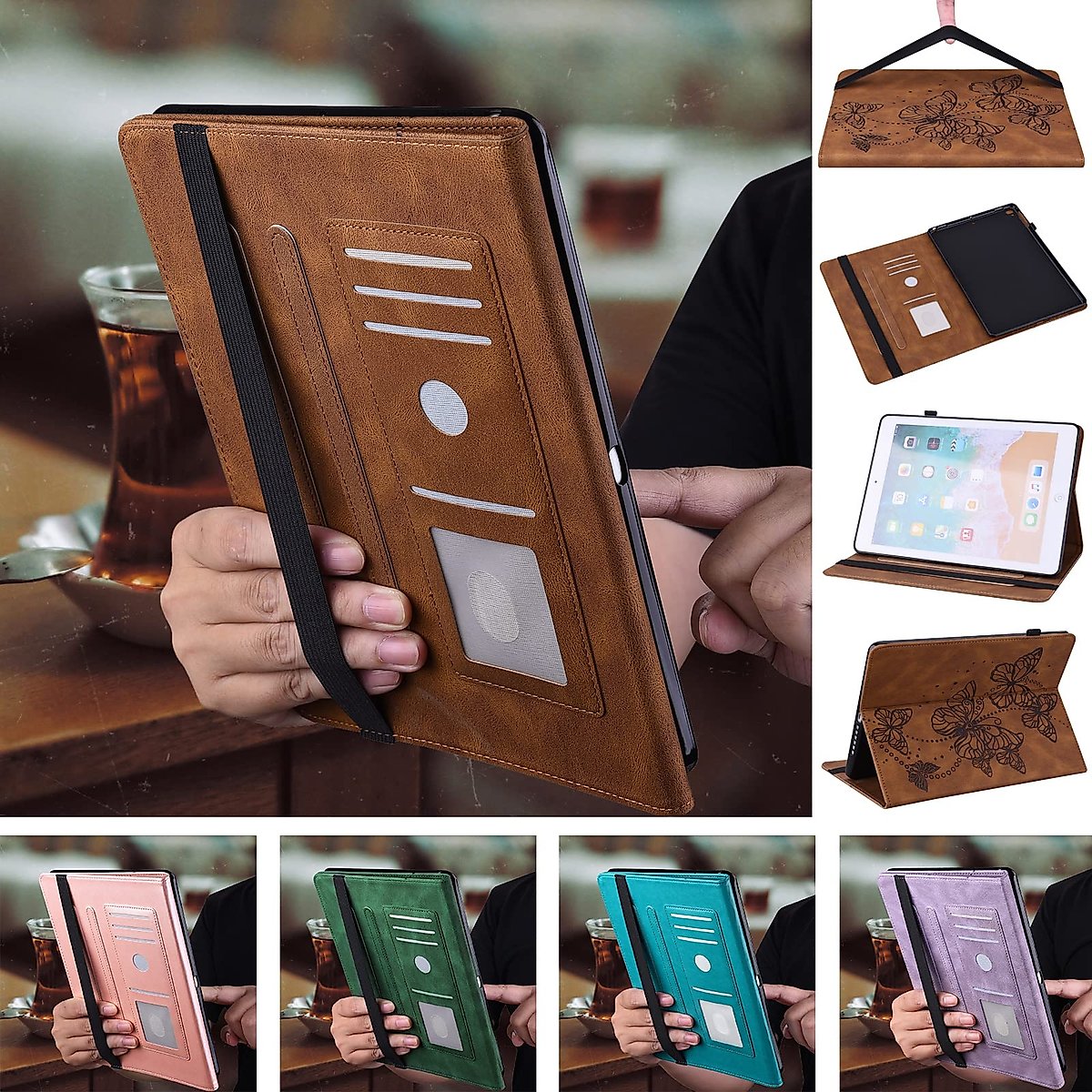 VODEFOX Case for Samsung Galaxy Tab A8 10.5'' Case 2022 SM-X200/X205/X207, PU Leather Cover Embossed Butterfly Flip Stand Shell with Elastic Band & Card Holder for Galaxy Tab A8 Tablet - Brown