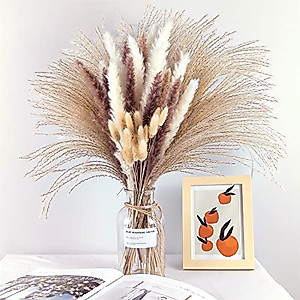Pampas Grass Boho Home Decor, 75Pcs Natural Dried Carefully Hand-Picked Fluffy Pompas Grass 17", White & Brown Pampas Grass, Reed, Bunny Tails for Flower Arrangements Boho Wedding Home Décor