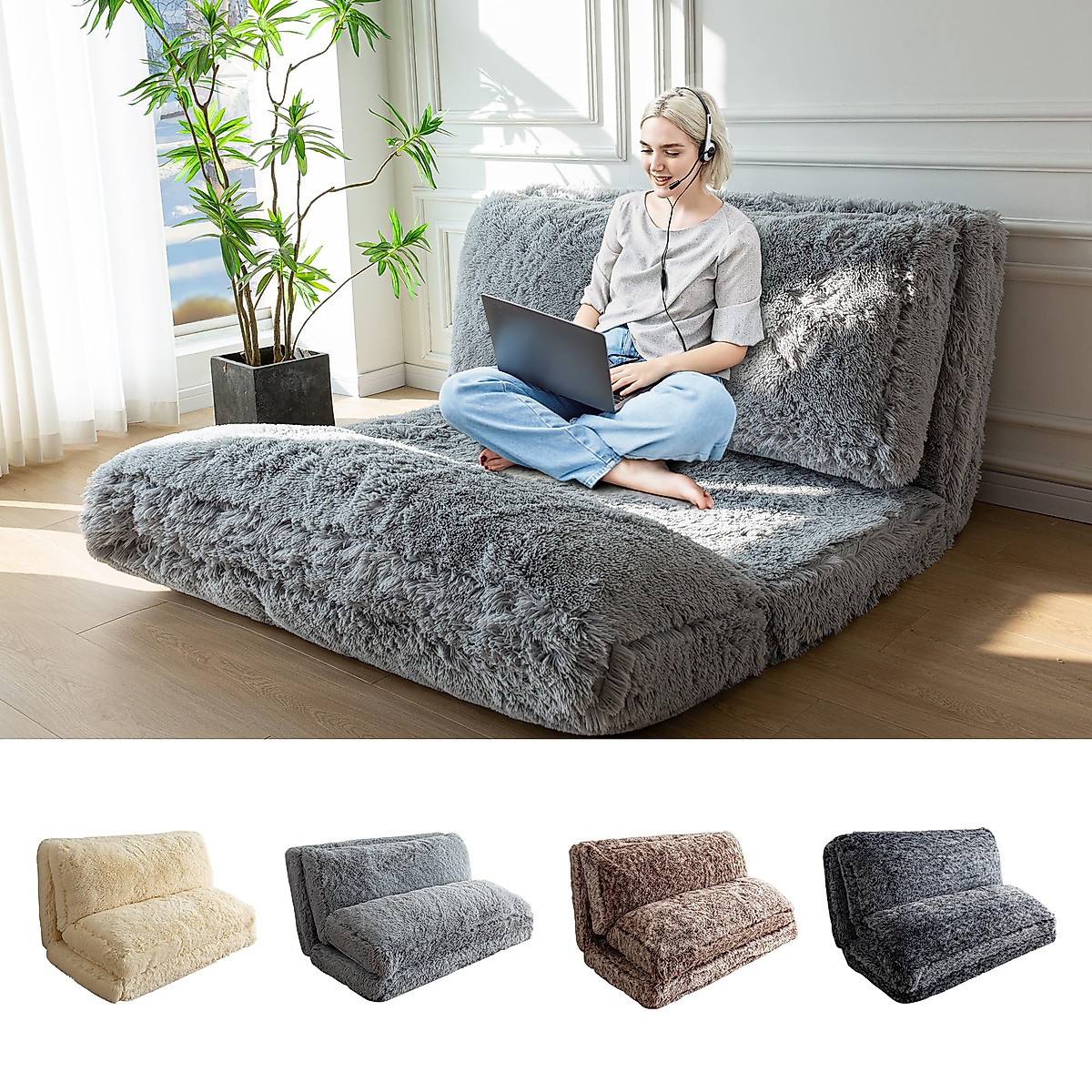 MAXYOYO Bean Bag Bed Floor Bed, Faux Fur Floor Sofa Floor Chairs for Adults, Folding Sofa Bed Foam Filling Wall Couch Sleeper Chairs Single Size Floor Mattress, Grey, 30x95 Inch