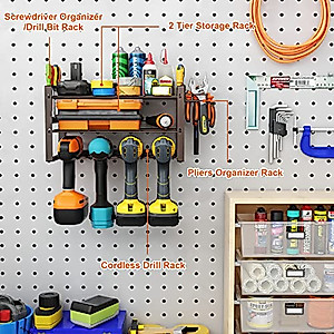 Power Tool Organizer, Heavy Duty Floating Tool Shelf, 3 Layers Metal Power Tool Holder Organization Garage Wall Mounted Utility Storage Rack for Cordless Drill Charging Station Screwdriver, Brown
