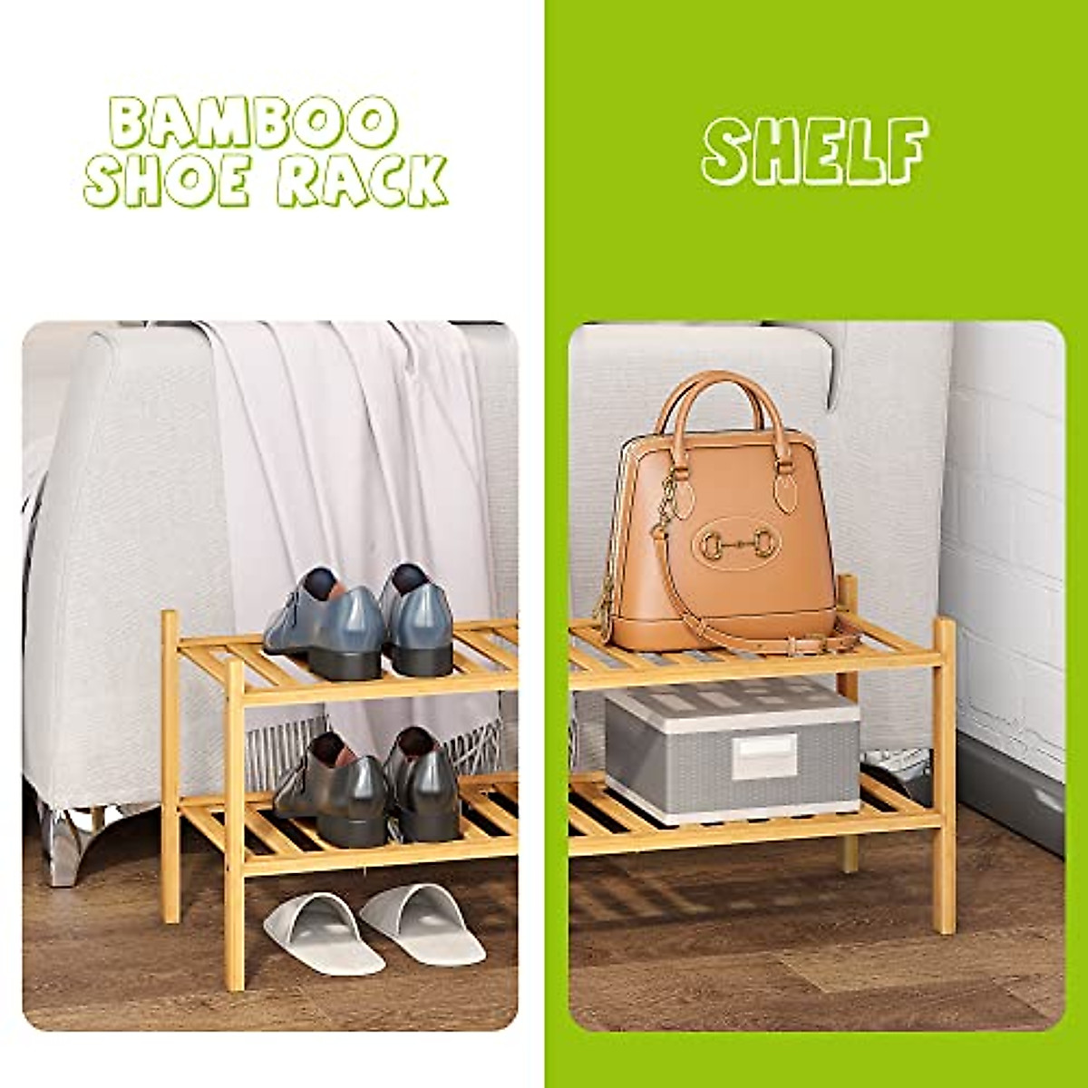 BMOSU 2-Tier Bamboo Shoe Rack Premium Stackable Shoe shelf Storage Organizer For Hallway Closet Living Room Entryway Organizer (Natural Bamboo)