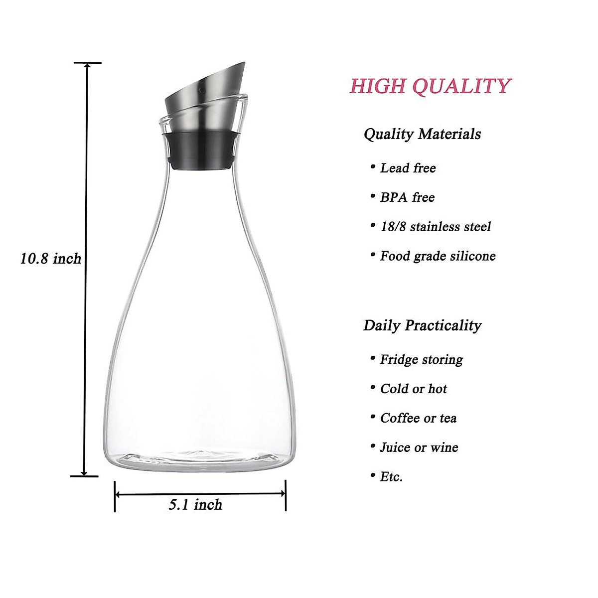 50 Ounces Borosilicate Glass Carafe with Lid, Drip-free Glass Pitcher for Hot/Cold Water, Ice Tea and Lemonade Beverage