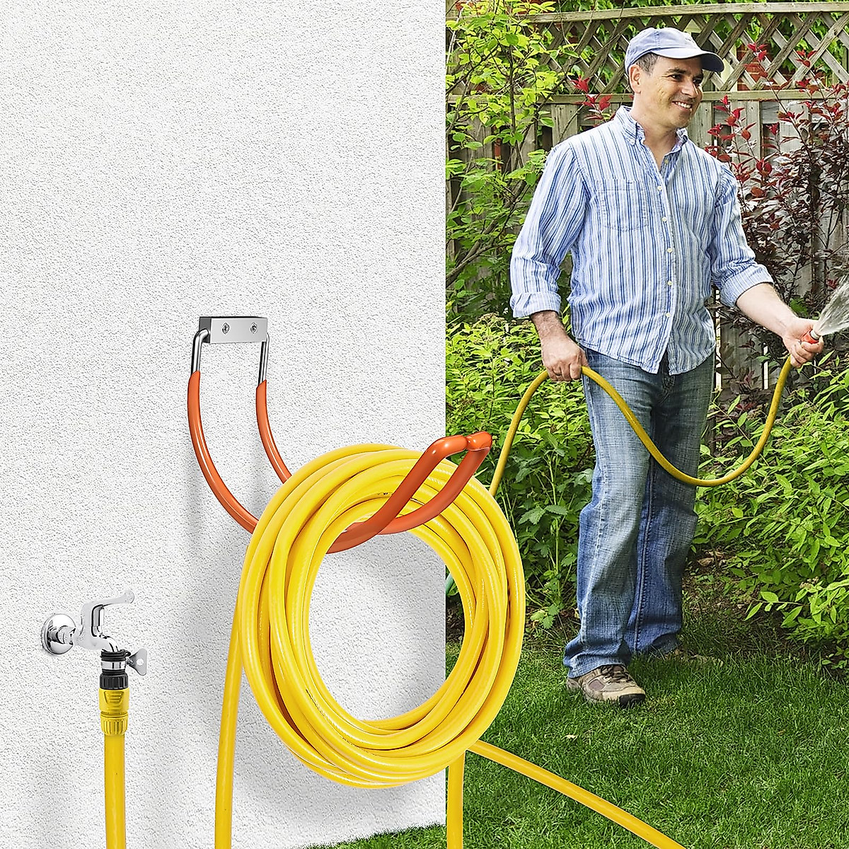 Yoniccal Garden Hose Holder Water Hose Hanger Wall Mounted,304Stainless Steel Solid Hose Hook Holds Up to 150Ft Garden Hose, Expandable Hose, Water Hose Orange