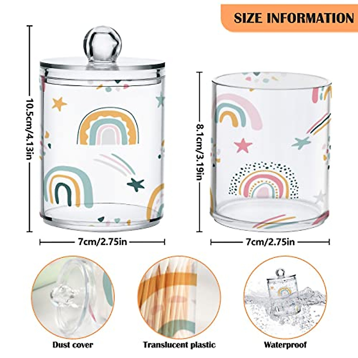 Kigai 2PCS Cartoon Rainbow Qtip Holder Dispenser with Lids - 14 oz Bathroom Storage Organizer Set, Clear Apothecary Jars Food Storage Containers, for Tea, Coffee, Cotton Ball, Floss