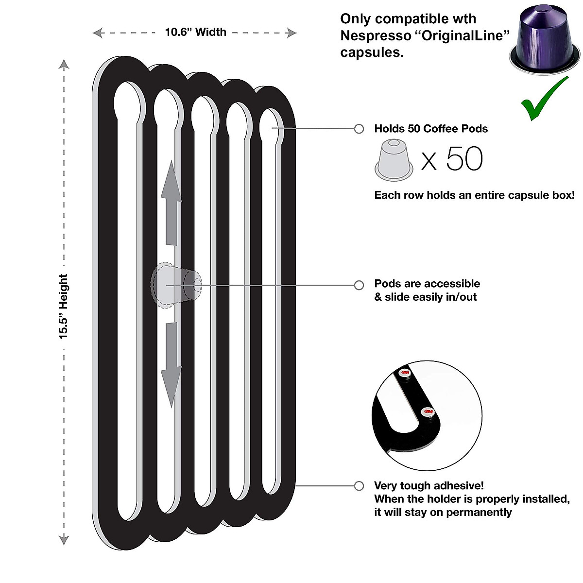 Demi's Home Adhesive Coffee Pod Holder for Nespresso Original Capsules (Measure Before Purchase) - Suitable to be Mounted Inside/Under the Cabinet or on the Wall (Black)