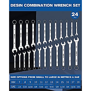 DISEN 24pcs Combination Wrench Set, Metric/SAE, IN/MM Wrench Set with Tool Roll,12 Point Combination Wrench, 7-18mm and 1/4-7/8" Box End and Open End Wrench Set, Drop Forged Steel