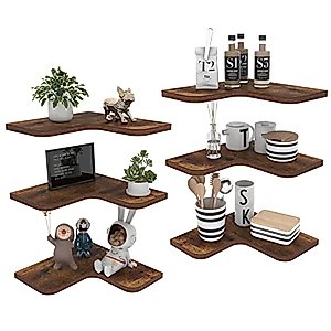 Lyeasw Corner Shelf for Wall Mounted 6 Pack, Rustic Wood Brown Floating Wall Shelf for Bathroom Kitchen Bedroom Living Room