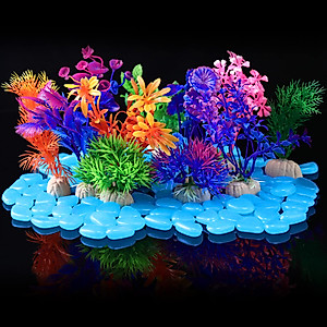 Jexine 100 Pcs Fish Tank Rocks Glow Blue, Fish Tank Stones Accessories Gravel with 10 Pack Artificial Aquatic Plants Fish Tank Plants Plastic Coral Reef Decorations for Aquariums