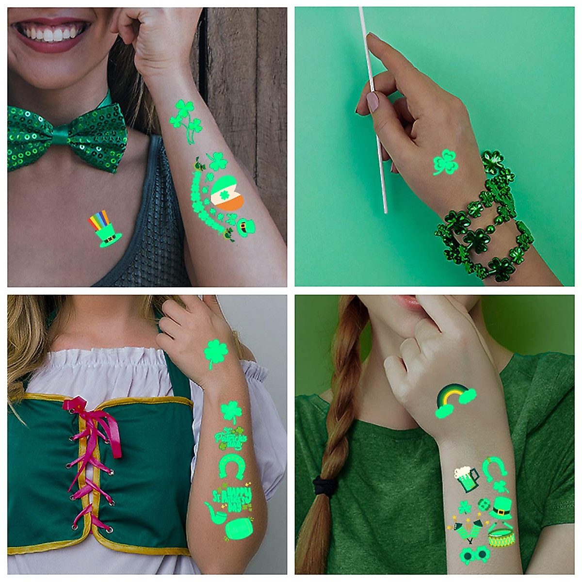 beiling Kids Saint Patrick’s Day Luminous Temporary Tattoos Stickers Shamrock Beer Glow in Dark Children Holiday Fluorescent Tattoos Stickers for Face Body Arms Baby Girl Boy St Patricks Party Favor Accessories (10 sheets)