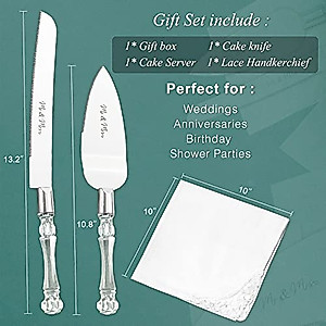 Set of 3 Wedding Cake Cutting-Mr and Mrs Wedding Cake Knife Cake Pie Pastry Servers and White Lace Handkerchief,Cake Cutter and Server Set Perfect for Wedding,Birthday,Anniversary,Parties and Events