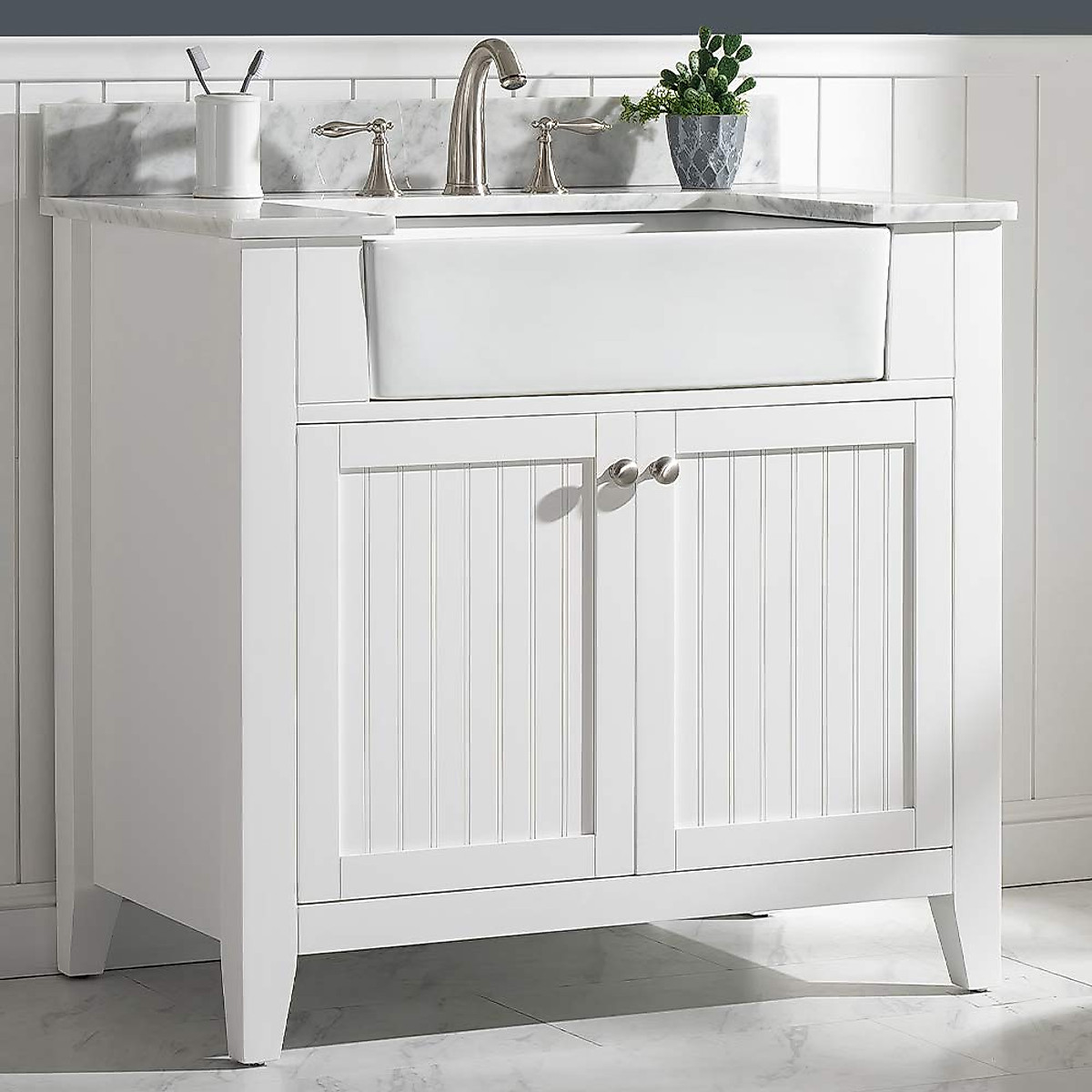 Luca Kitchen & Bath LC36VWW Balboa 36” Single Bathroom Vanity Set in Pure White with Carrara Marble Countertop and Farmhouse Sink