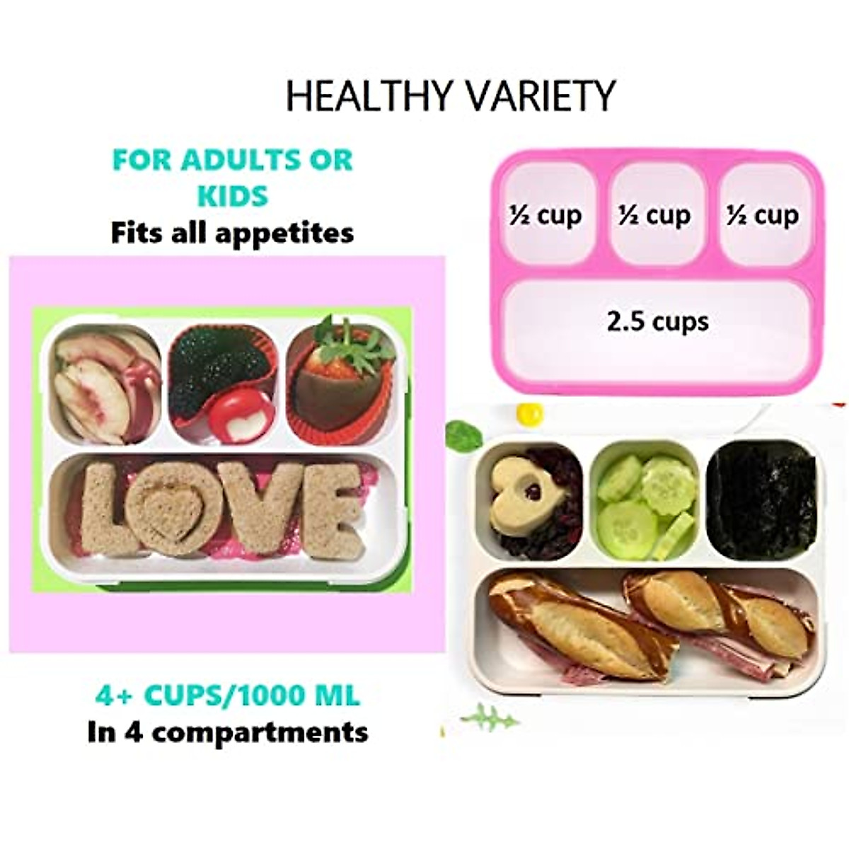 Bento Lunch Box for Girls, Kids Adults | Snack Containers with 4 Compartment Dividers, Boxes for School Pre-School Daycare Lunches BPA Free, Food and Microwave Safe | Pink Rose