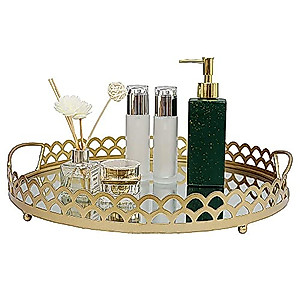 MAONAME Gold Mirror Decorative Tray, Large Vanity Tray with Handle, Metal Round Glass Tray for Bathroom, Dresser, Storage | 17" x 17" x 2.75"